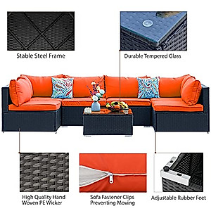 ESSENTIAL LOUNGER Outdoor Patio Furniture Set 7 Pieces Wicker Patio Conversation Set Outside Sectional Furniture Set Rattan Patio Sofa with Tempered Glass Table, Cushions & Pillows -Black,Orange