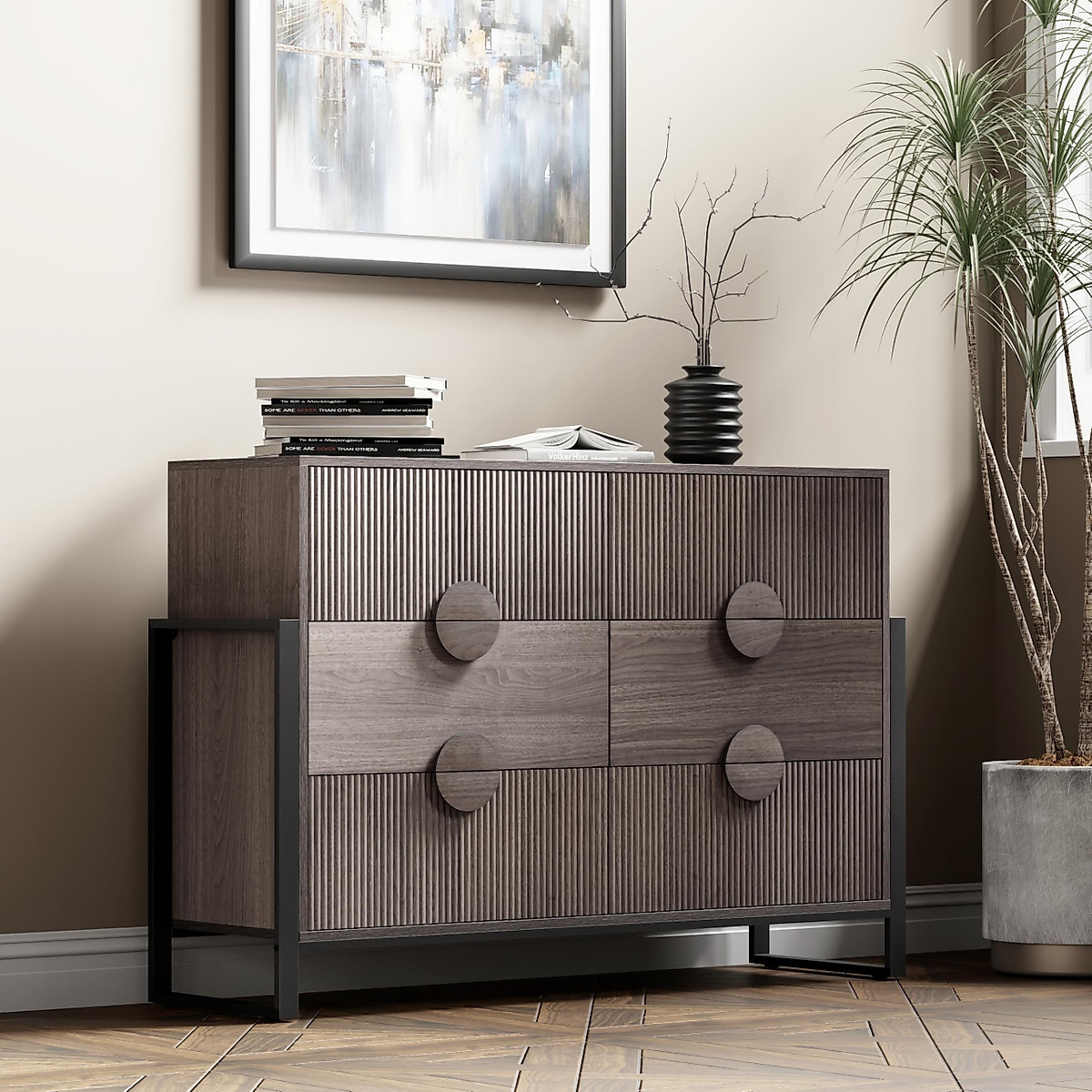 Aoikax Modern Fluted 6-Drawer Dresser, Farmhouse Wooden Chest of Drawers with Round Handles, Accent Storage Dresser for Living Room, Bedroom, Grey Wash