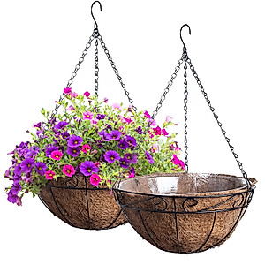 Royal Imports Metal Hanging Planter Flower Basket with Coco Coir Liners 13" Round Wire Outdoor Porch Balcony Garden Décor, Set of 2