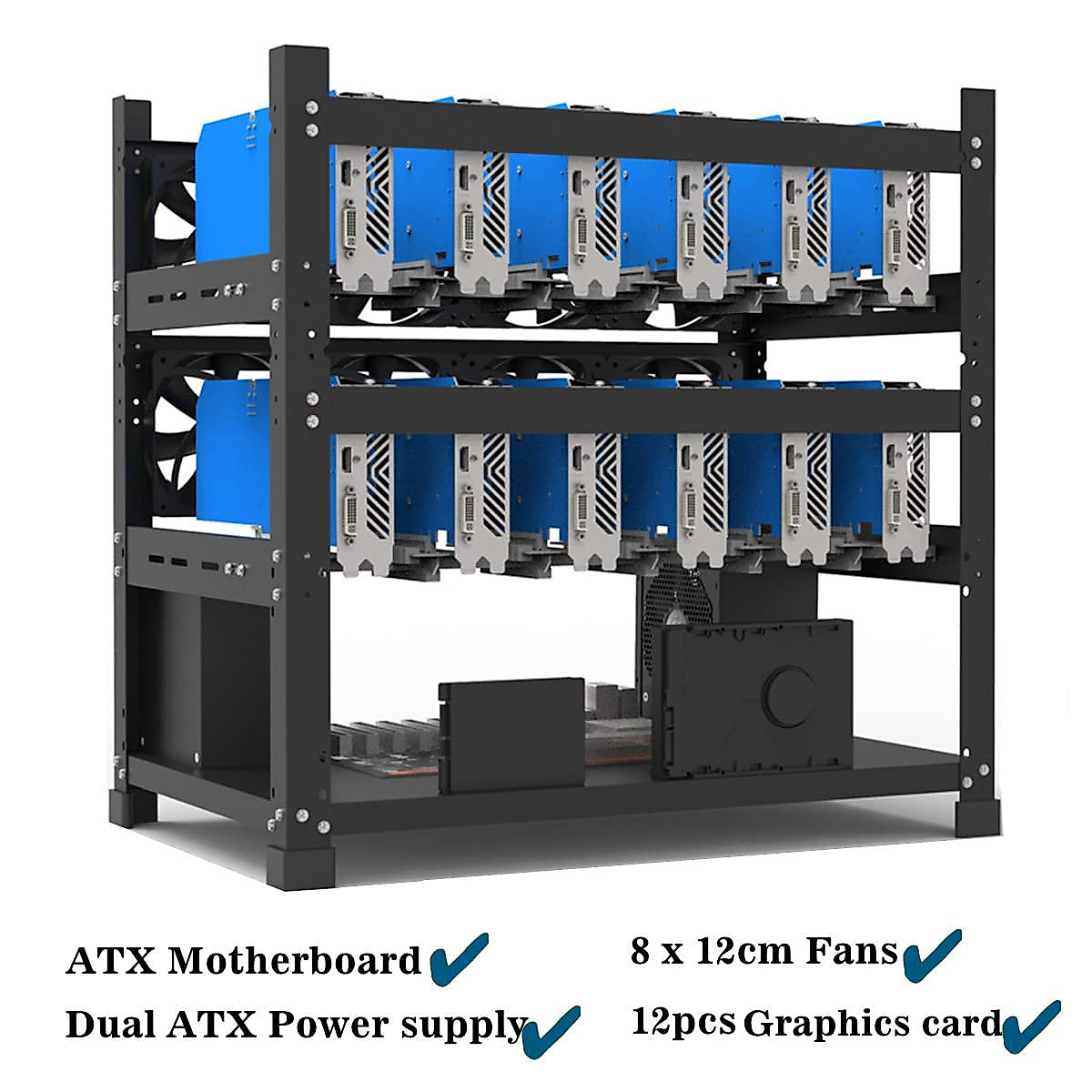 Mining Rig Frame for 12GPU, Steel Open Air Miner Mining Frame Rig Case, Support to Dual Power Supply for Crypto Coin Currency Bitcoin ETH ETC ZEC Mining Tools - Frame Only, Fans & GPU is not Included