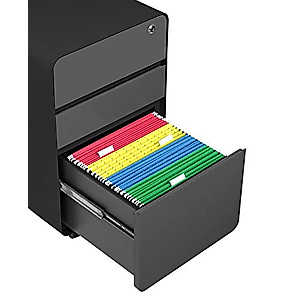 Laura Davidson Furniture Stockpile Flat 3 Drawer File Cabinet with Lock - Under Office Desk Metal Filing Cabinet, Legal/Letter File Folders, Wheels and Stationary Feet, Pre-Assembled, Grey