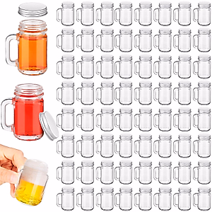 Mifoci 100 Pieces 1 oz Mini Mason Jar Drinking Glasses with Lids Mason Jar Cups Mason Jar Mugs with Handles Mason Jar Shot Glasses Set for Home Picnic Party
