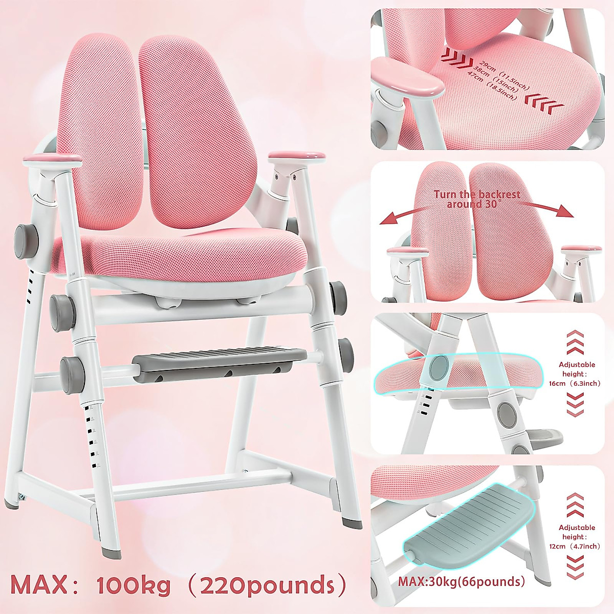 ROYALJOBO Adjustable Children's Table and Chair, Boys and Girls Aged 3 to 18 Years Old Learning Interest Chair, Adjustable Height, Suitable for Families, Schools,Student Chairs. (Pink)