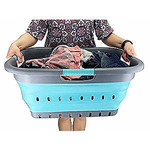 SAMMART 41L (10.8 gallon) Set of 2 Collapsible 3 Handled Plastic Laundry Basket-Foldable Pop Up Storage Container/Organizer-Space Saving Hamper/Basket (Alloy Grey + Crystal Blue)