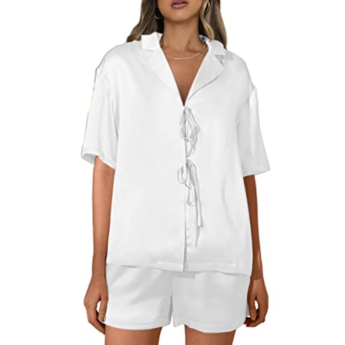 CHYRII Women's Silk Satin Pajamas Sets Tie Front Short Sleeve Tops and Shorts Two Piece Pj Sets Sleepwear White M