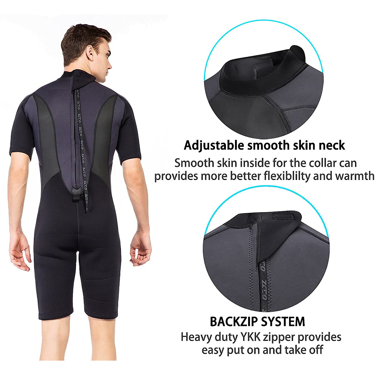 FINDSLINX Wetsuit Shorty for Men 3mm Neoprene Back Zip Wetsuit Spring for Diving Surfing Snorkeling Swimming B301BK-3XL, XXX-Large, Black