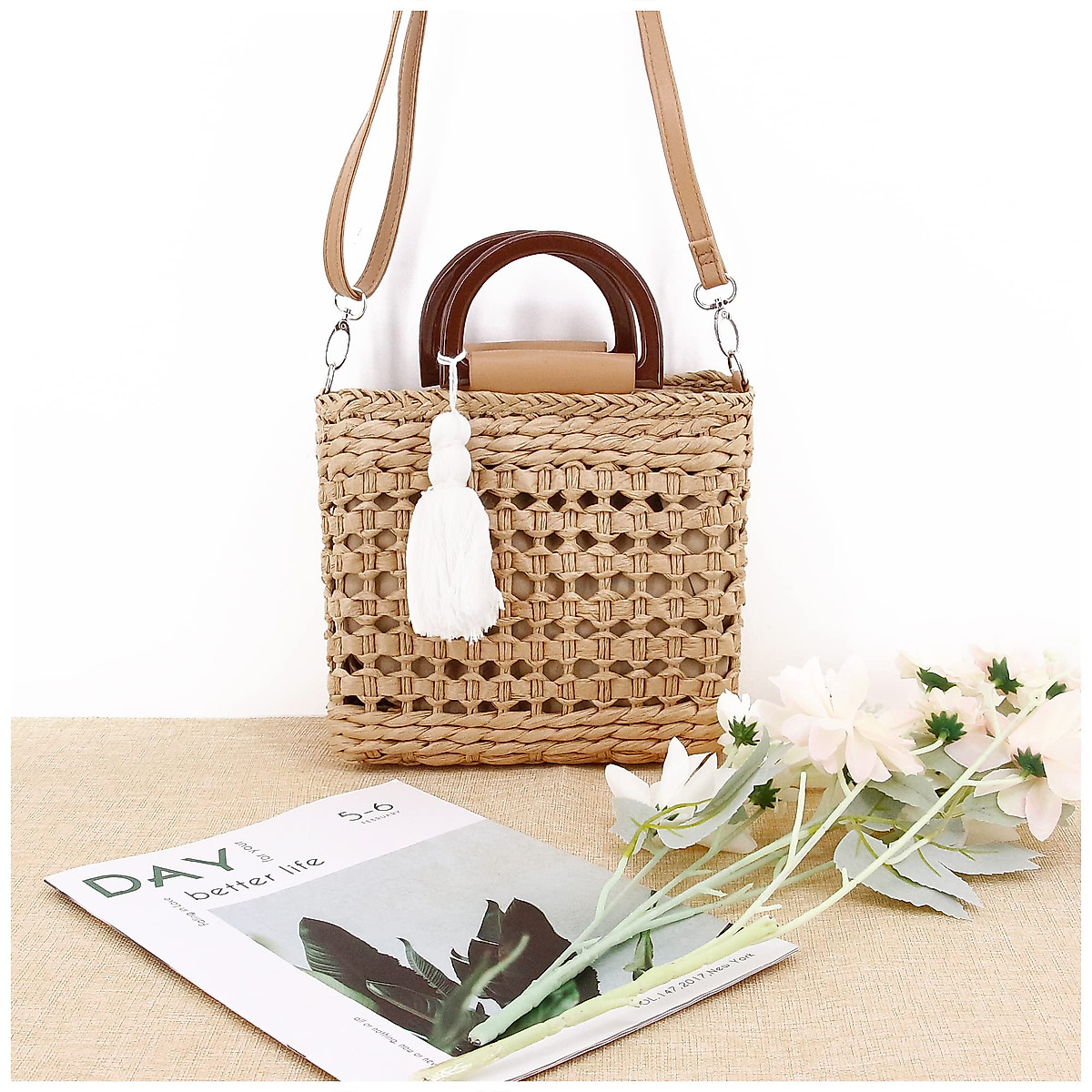 Monanoat Handwoven Straw Basket Bag with Top Handle Summer Beach Rattan Crossbody Bag Tote Handbag for Women