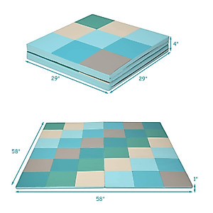OLAKIDS Baby Foam Play Mat, Foldable 58'' x 58'' Toddler Collapsible Crawl Floor Mat, Waterproof Soft Thick Patchwork Play Mat for Kids Gym Nursery Playroom (Blue)