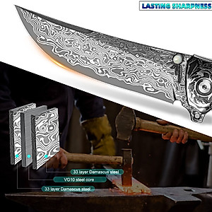 ALVELY Handmade Folding Pocket Knife, 3.6in Straight Alloy Steel Blade, Snake Lines Wood Handle, Liner Lock, with Leather Sheath, EDC Unisex Adult Knife