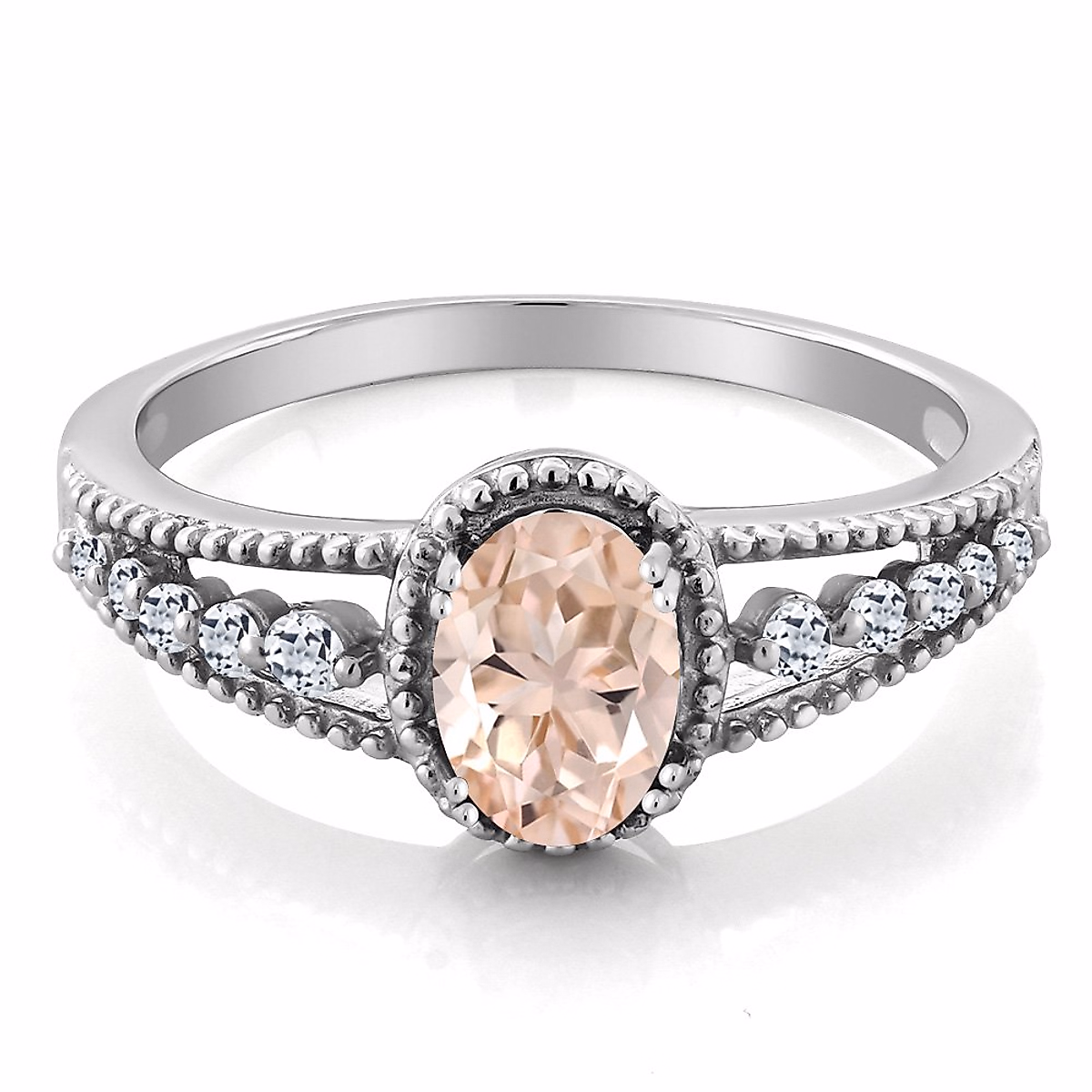 Gem Stone King 925 Sterling Silver Peach Morganite and White Topaz Engagement Ring For Women (0.86 Cttw, Oval 7X5MM, Available In Size 5, 6, 7, 8, 9)