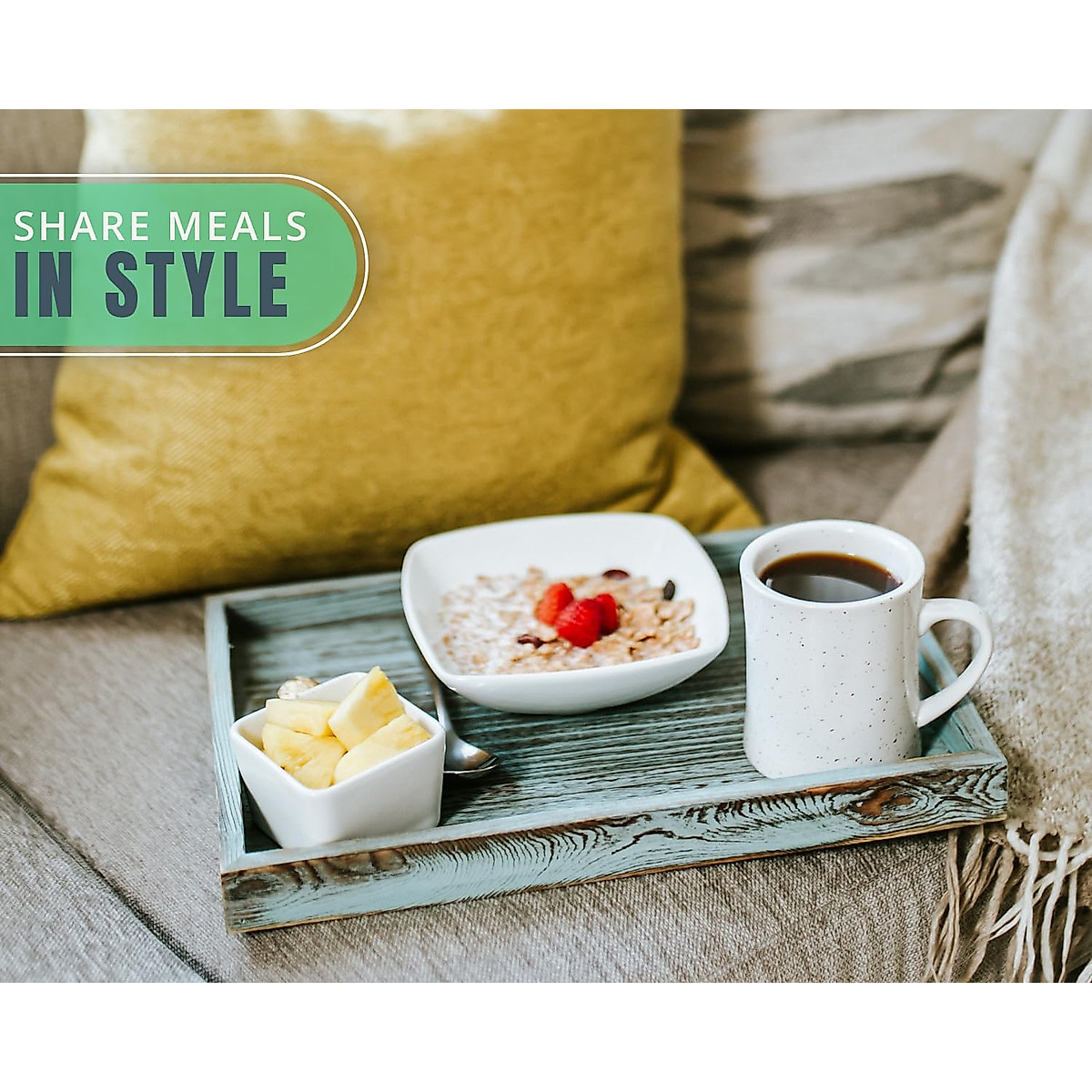 Serving Trays Set of 3 - Ottoman Wood Trays for Entertainment, Food and Décor - Rustic Farmhouse Distressed Wood Finish - Rustic Blue