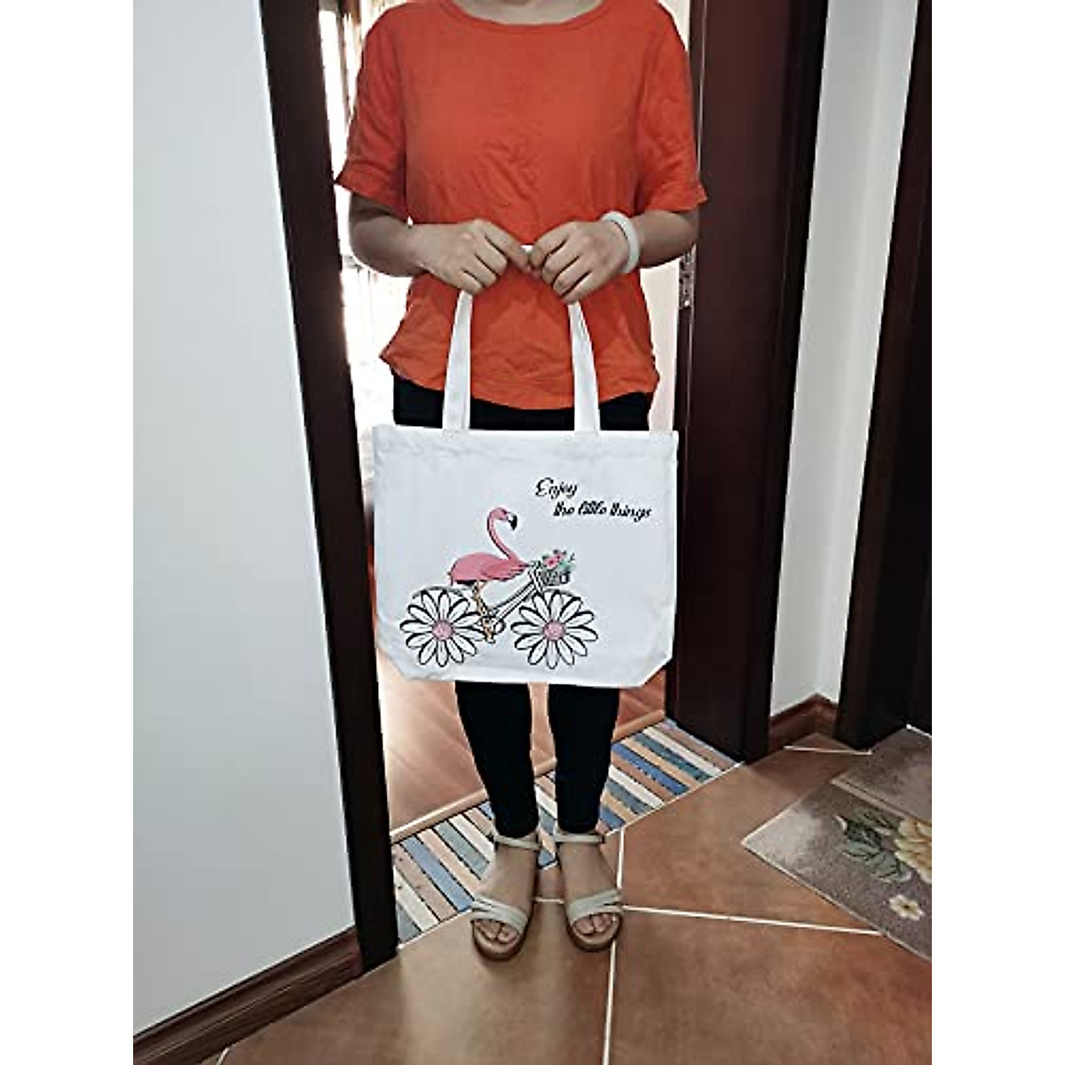 Flamingo Canvas Bag Shopping Canvas Bag Women's Casual Bag Tote Bag Reusable Grocery bag (16W X 14H x 4Bottom inch)