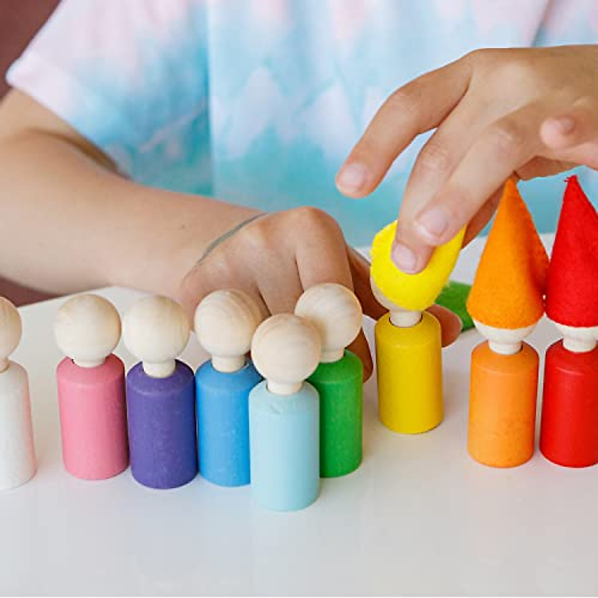 Ulanik Peg Dolls with Hats Toddler Montessori Toys for 3 Year Old + Kids Wooden Waldorf Dolls for Learning Color Sorting and Counting — 12 Gnomes, 2.36 in