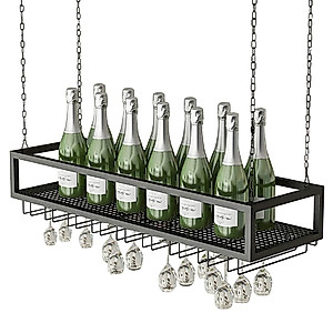 Ceiling Metal Iron Chain Wine Glass Rack, Hanging Wine Glass Holder, Adjustable Wine Rack with Glass Holder, Matte Black Stemware Rack