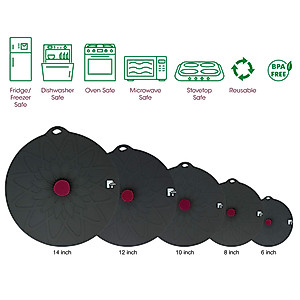 HOGOWARE Set of 5 Premium Silicone Lids for Bowls and Food Covers - 6, 8, 10, 12, 13.5" – Dark Gray Suction Lid - Reusable - Microwave Airtight Seal Lid Covers for Pots, Pans, Bowls, Cups, Skillets