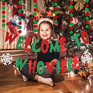 Red and Green Welcome To Whoville Banner, Grinchmas Christmas Decorations, Merry Grinchmas Banner for Fireplace Mantle Home, Xmas Birthday Party Decorations, Christmas Vacation Holiday Decoration