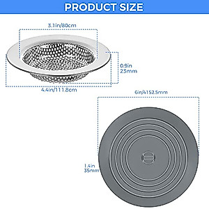 4 Pcs Kitchen Sink Strainer Stopper Kit, 4.5 Inch Stainless Steel Sink Drain Strainer, Thicken Drain Filter Strainer with Large Wide Rim, 6 inch Silicone Tub Stopper, Universal Rubber Drain Stopper