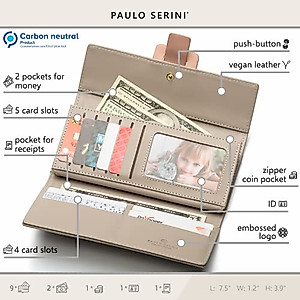 PAULO SERINI® Wallet Women - Womens Wallet with Coin Purse - Card Holder 9 Cards - Wristlet - Vegan Wallets for Women - Birthday Gifts for Women - Billeteras de Mujer - Carteras de Mujer - Cool Gray