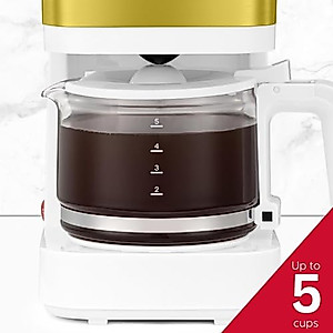 Holstein Housewares 5-Cup Coffee Maker - Pause N Serve, One-Touch Operation, Non-Stick Warming Plate, Water Level Indicator - Reusable Filter - Compact Design - White and Gold Color