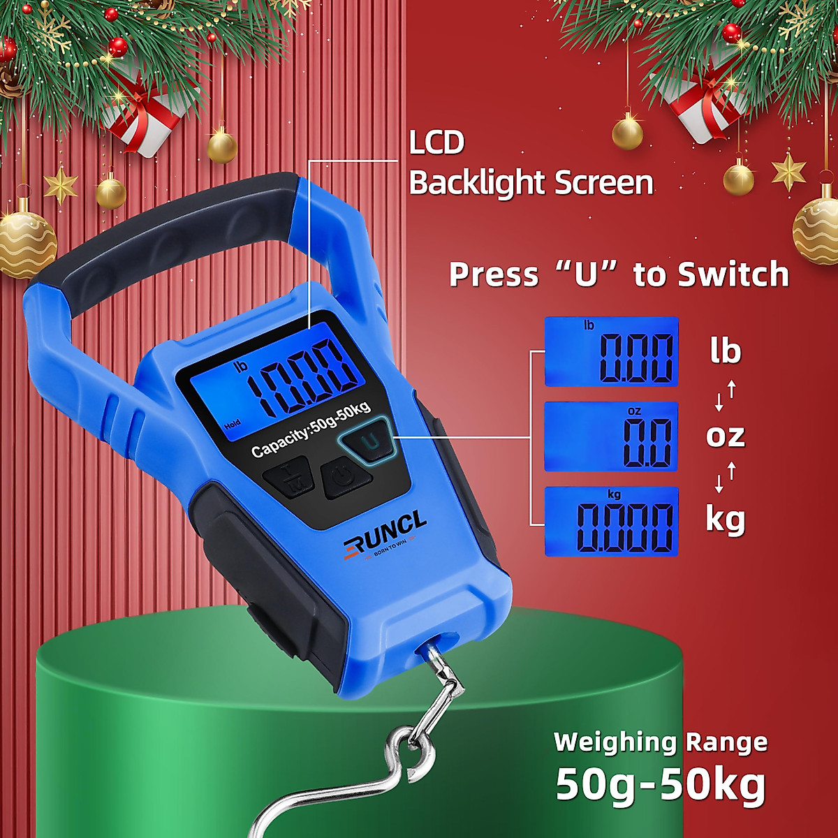 RUNCL Waterproof Fishing Scale with Lip Gripper, Electric Fish Scale with 40 in Ruler, LB/OZ/KG, Big Handle, Memory Storage, Digital Portable Hanging Scale for Luggage, Fish