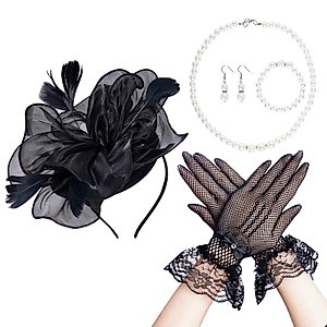 Pistha 5 Pcs 1920s Fascinators for Women Tea Party Fascinators Headband and Gloves for Women Tea Party Halloween Cocktail Wedding (Black)