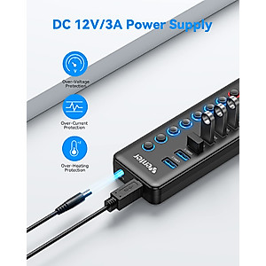 Powered USB 3.0 Hub, Wenter 11-Port Hub Splitter (7 Faster Data Transfer Ports+ 4 Smart Charging Ports) with Individual LED On/Off Switches, Power Adapter for Mac, PC