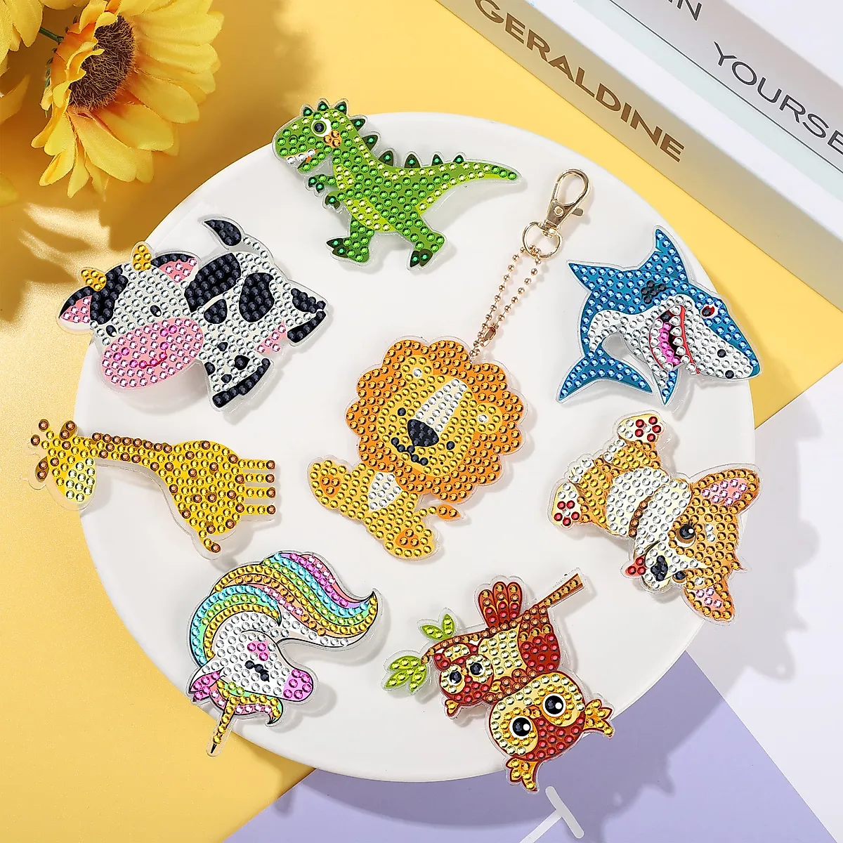 12 PCS Diamond Painting Keychains Kit Animals Diamond Art Ornaments Double Sided 5D Diamonds Key Rings DIY Diamonds Pendants for Beginners Birthday Crafting Home Party Decor
