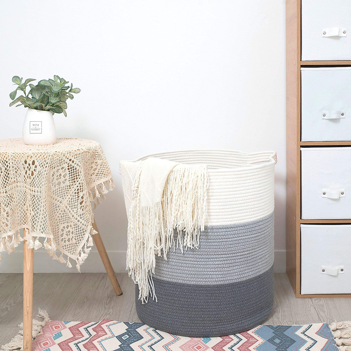 MINTWOOD Design 83L Extra Large 20x18 Inches Decorative Woven Cotton Rope Basket, Tall Laundry Basket Hamper, Blanket Basket for Living Room, Round Storage Baskets for Pillows, Towel, 3-Tone Dark Gray