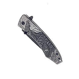 Falcon 8" Fantasy Wolf Embossed Stainless Steel Drop Point Spring Assisted Folding Pocket Knife EDC Pocket Knife In Multiple Colors For Gifts