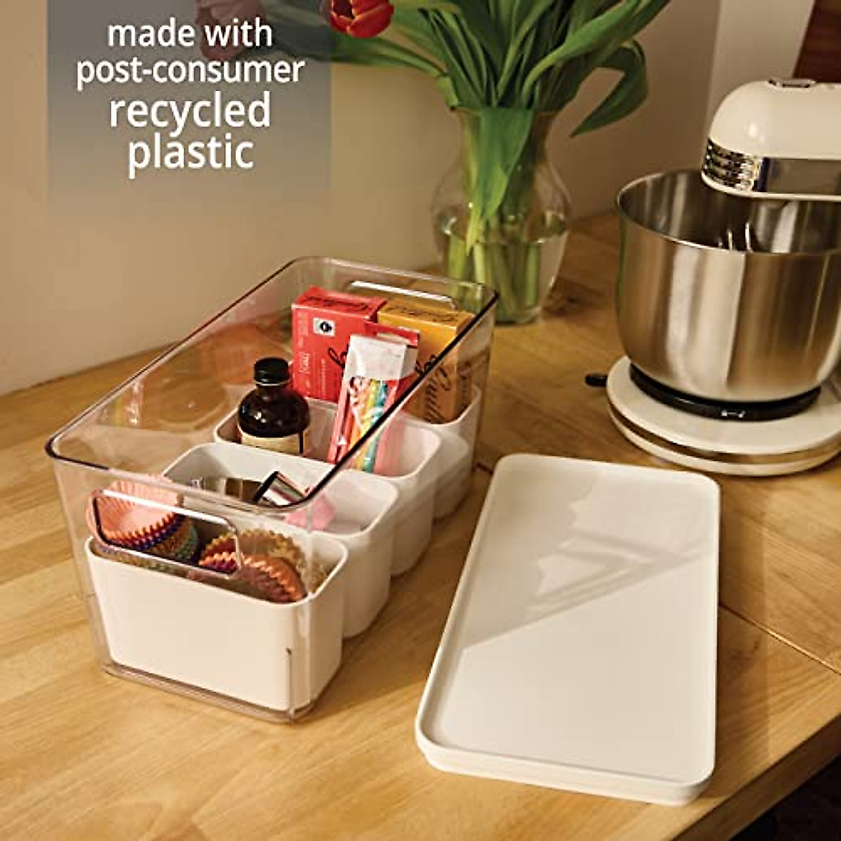 Rosanna Pansino x iDesign Recycled Plastic Kitchen Storage Bins, Includes 1 Large Bin with Lid and 4 Small Bins, Marshmallow Bins/Marshmallow Lid, 6” x 12” x 6”