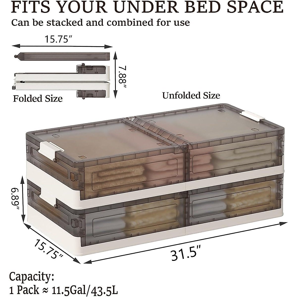 Under Bed Storage Containers, Stackable Under Bed Rolling Storage Plastic Containers, 11.5Gal Storage Bins with Wheels, Multi-purpose Storage Bins with Lids for Clothes, Shoes, And Duvets