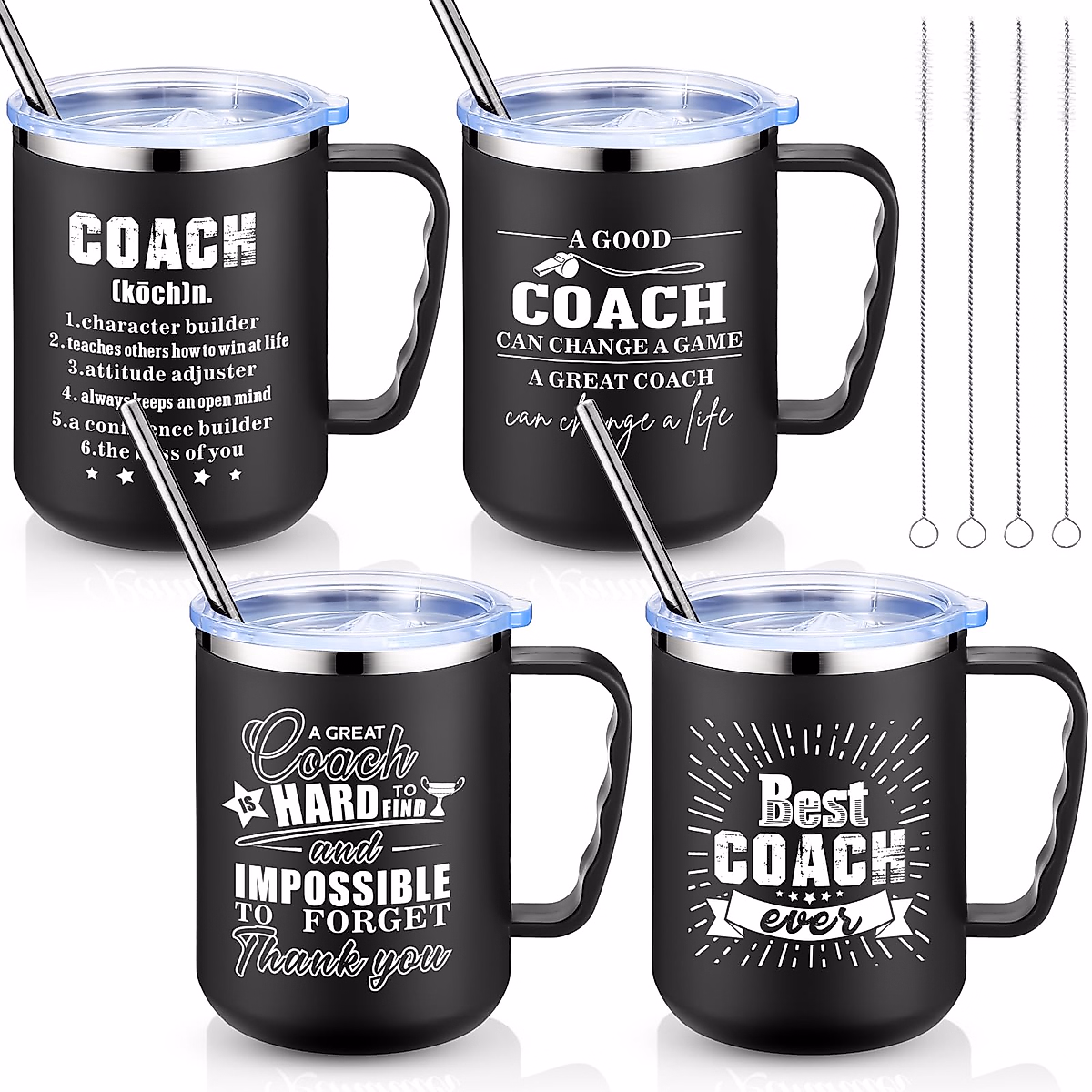Sumind 4 Pcs Coach Gifts Coffee Mug with Lid and Handle 17 oz Stainless Steel Mug Double Wall Vacuum Travel Mug Coaches Appreciation Gift for Soccer Volleyball Basketball Football (Classic Style)