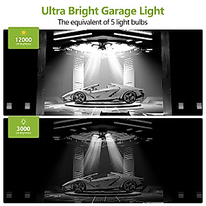 Pinegreen Lighting Led Garage Light, 100w 12000lm Garage Ceiling Lights, 6500k E26/E27 Led Shop Light with 4 Adjustable Panels for Garage Workshop Warehouse Basement High Bay Light
