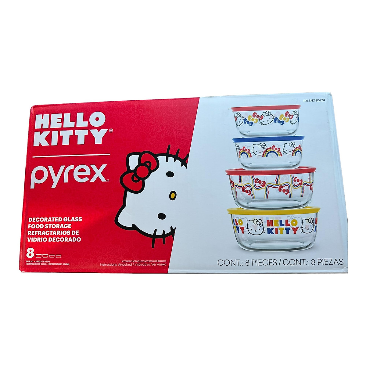 HELLO KITTY 8PC PYREX FOOD STORAGE CONTAINERS - RED, BLUE, YELLOW - ANIME CARTOON PATTERN