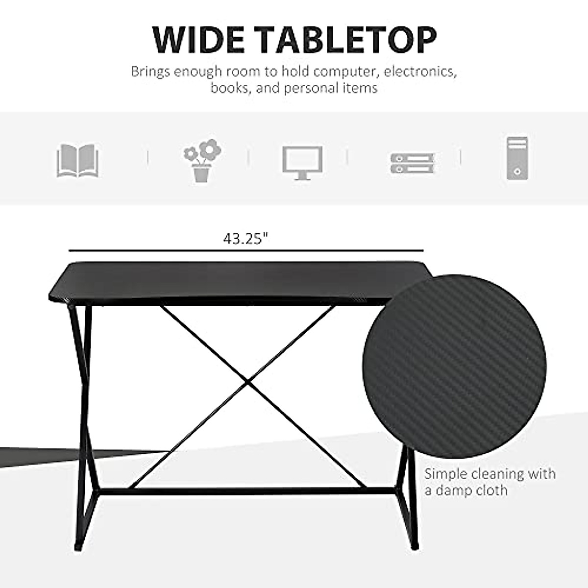 HOMCOM 43" Home Office Computer Desk Study Student Writing Table with Z and X Bar Frame Support for Living Room, Black