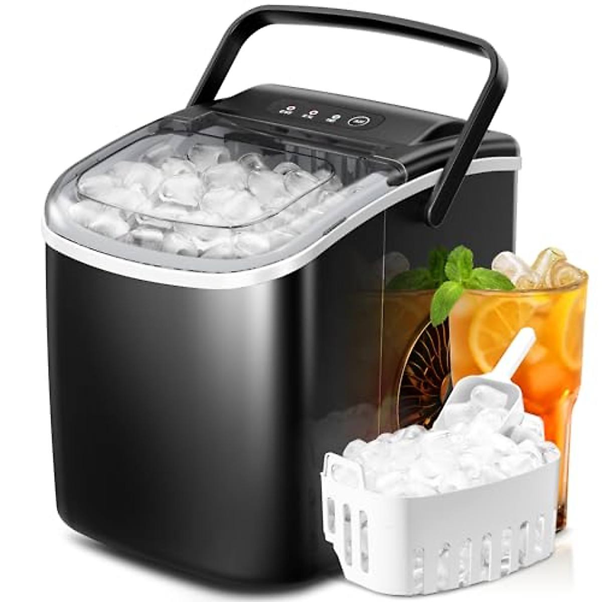 Ice Makers Countertop with Self-Cleaning, 26.5Lbs/24Hrs, 9 Cubes Ice Ready in 6~9Mins, Portable Ice Maker with Ice Scoop/Basket for Home/Kitchen/Office/Bar, Black