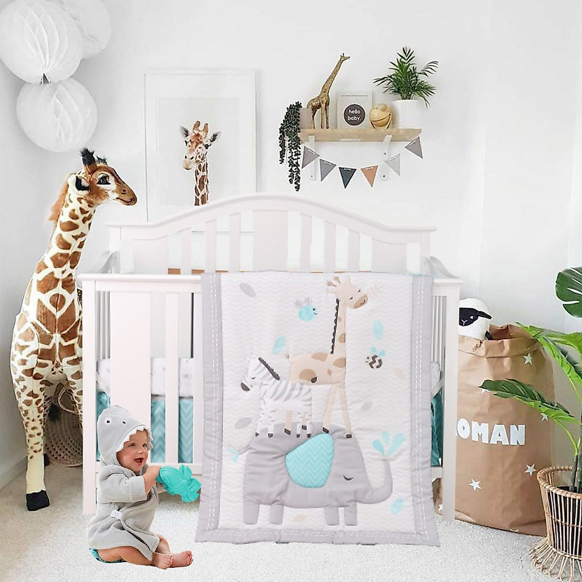 Brandream Safari Bedding Sets for Boys | 3 Piece Nursery Set | Crib Comforter, Fitted Crib Sheet, Crib Skirt Included Elephant Zebra Giraffe, Gray