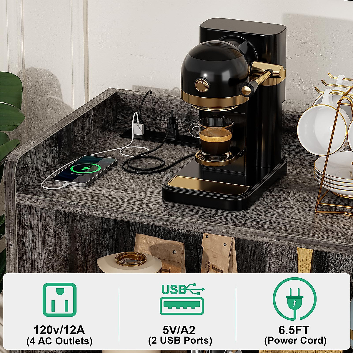 Cyclysio Sideboard Buffet Cabinet with Power Outlet, Kitchen Cabinet with LED Lights, Large Bar Cart Accent Buffet Cabinet with Door for Bedroom, Living Room, Kitchen, Hallway, Grey