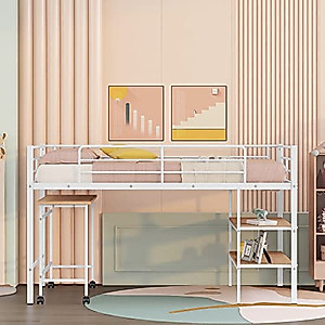 Kids Loft Bed with Desk and Storage, Metal Low Twin Size Bed with Rolling Portable Desk and 2-Tier Shelves, Low Loft Bed with Full-Length Guardrail for Kids Boys Girls Teens (White)