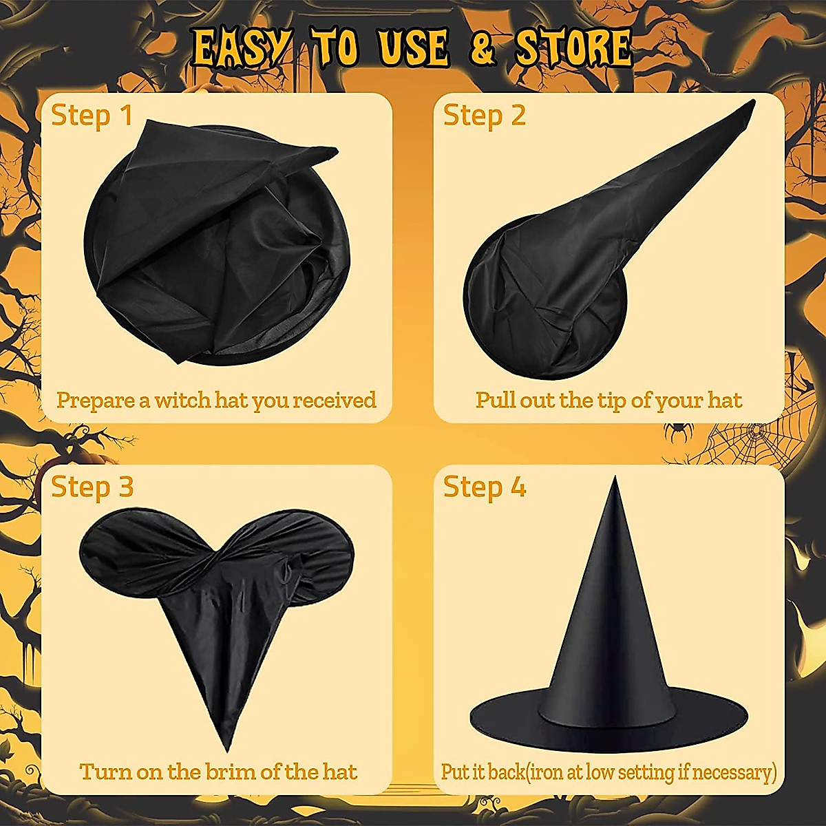 LUOBO Witch Hat, 10 Pieces with 100 Yards Hanging Rope for Halloween Yard Decoration. Black, Oxford Fabric, Collapsible Design, Hand Wash Only, All Ages, Halloween Celebrators