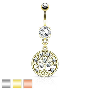 Dynamique Tree Of Life with CZ Dangle On Round CZ Surgical Steel Belly Button Ring (Sold Per Piece)