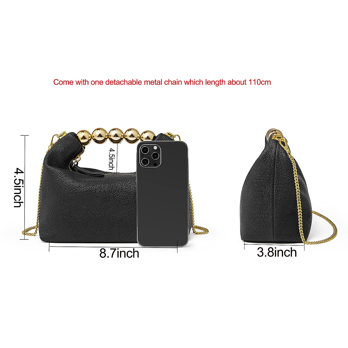 DORIS&JACKY Small Top Handle Clutch Bag Women Designer Goatskin Crossbody Purse With Pearl Handle And Detachable Metal Chain (Black)