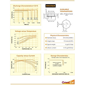 OmniCel ER22G68 3.6V 0.4Ah Bel Cell Waffer Lithium High Energy Battery Replaces Tadiran TL-4986 TL-5186 For Use With OBU Tollgate Reading Device, Security Alarm, Computer Remote Sensors,Tracking Buoys