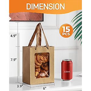 VAGREEZ 15 Pcs Paper Gift Bags with Transparent Window, Kraft Goodie Bags with Handles, Bulk Shopping Bags, Ideal for Halloween, Christmas, Birthday, Wedding, Party Favors, and Bulk Packaging, Brown
