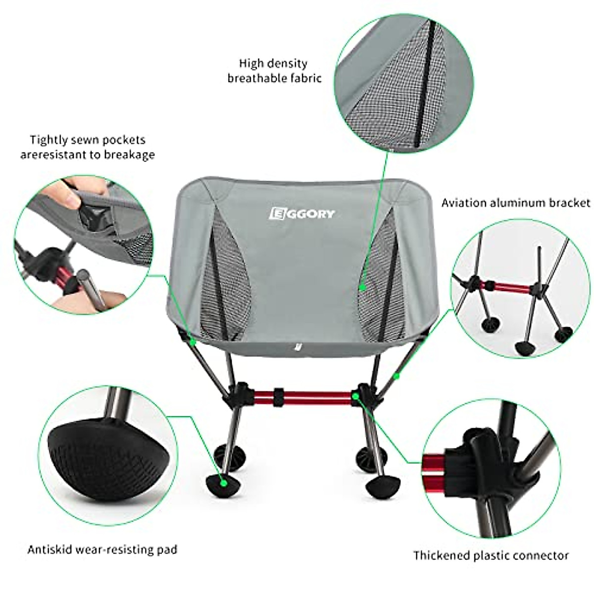 EGGORY Camping Chair, Outdoor Collapsible Chair, Portable Ultralight Compact Camping Folding Beach Chair with Anti-Sinking Large Feet, Stable Compact for Outdoor Camp, Travel, Beach, Picnic