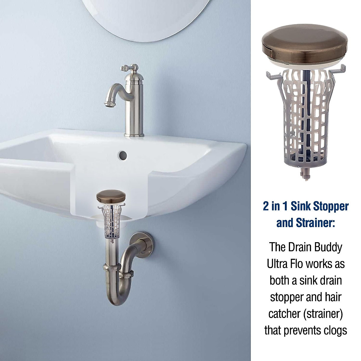 Drain Buddy Ultra Flo- 2 in 1 Bathroom Sink Stopper & Hair Catcher W/Patented Pull Clean Technology! | Fits 1.25” Sink Drains, Clog Preventing | Oil Rubbed Bronze Metal Cap / 1 Replacement Basket