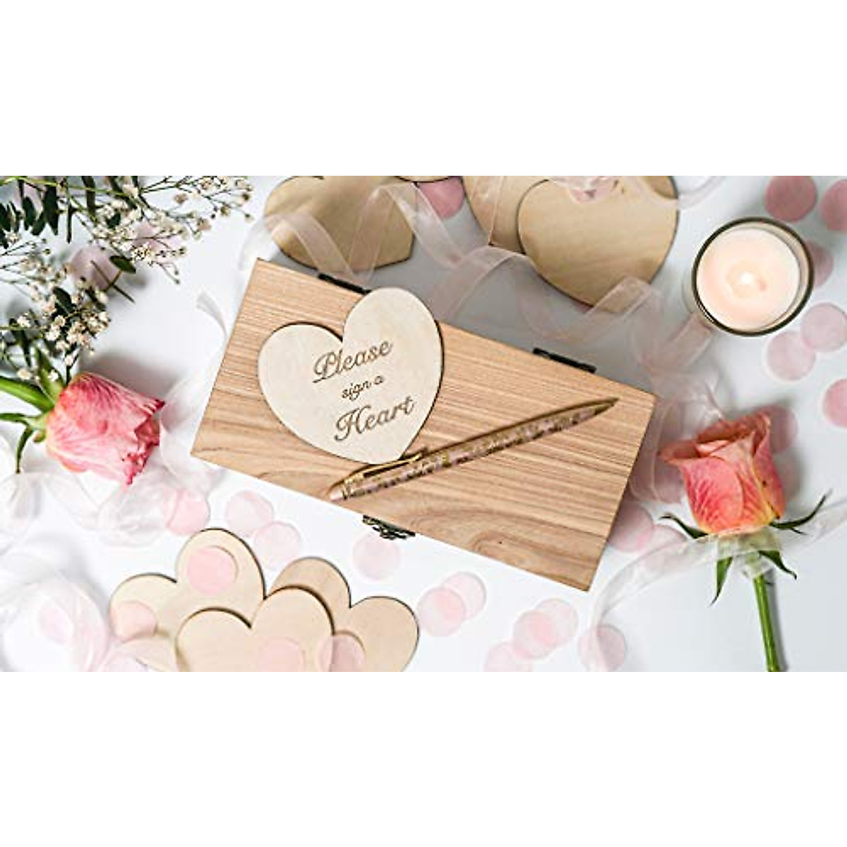 Jecor Alternative Guest Book Box - Wedding Guest Book Alternative - 62 Large Wooden Hearts - Also for Baby Shower, Bridal Shower, Anniversary, Birthday, Retirement, Funeral Guest Book Alternatives
