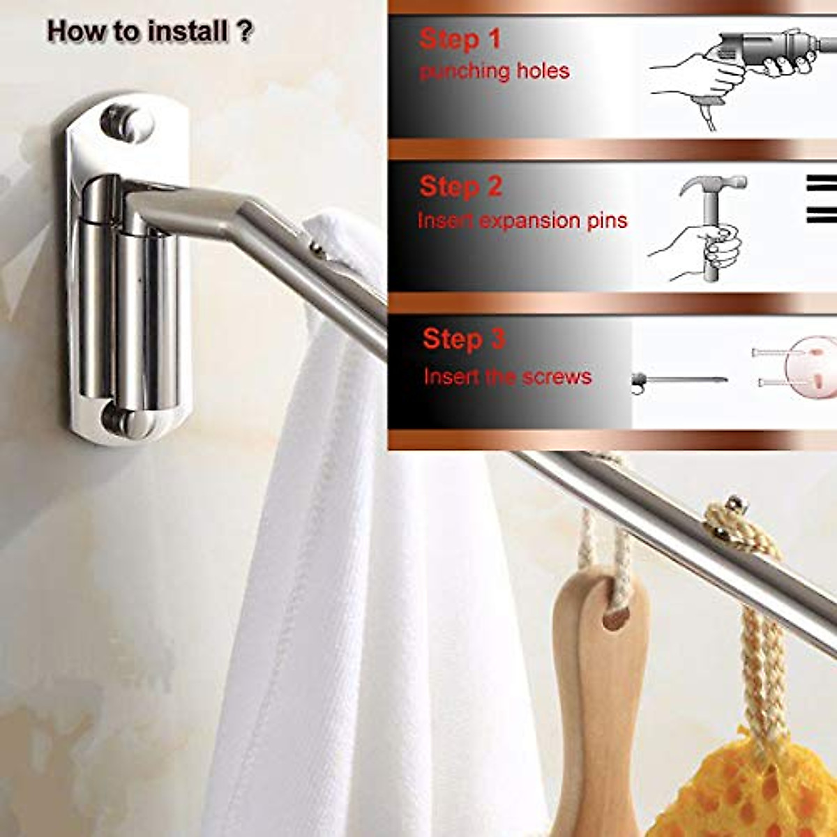 Folding Wall Mounted Clothes Hanger, Adromy Stainless Steel Clothes Holder Swing Arm Closet Drying Rack Clothing Hanging System Heavy Duty Closet Storage Organizer 2 Pack