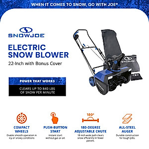 Snow Joe 15-Amp Electric Snow Blower, 22-Inch, Dual LED Lights, Bonus Cover Included