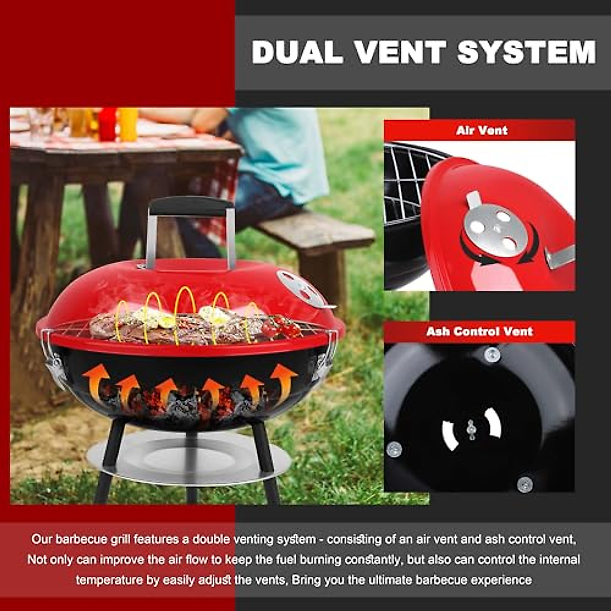14in Charcoal Grill with 2 Grilling Racks, Joyfair Portable BBQ Grill for Outdoor Camping/Backyard Barbecue Party, Enamel Coated Fire Box & Dual Ventilation System, Lightweight & Easy Carrying, Red